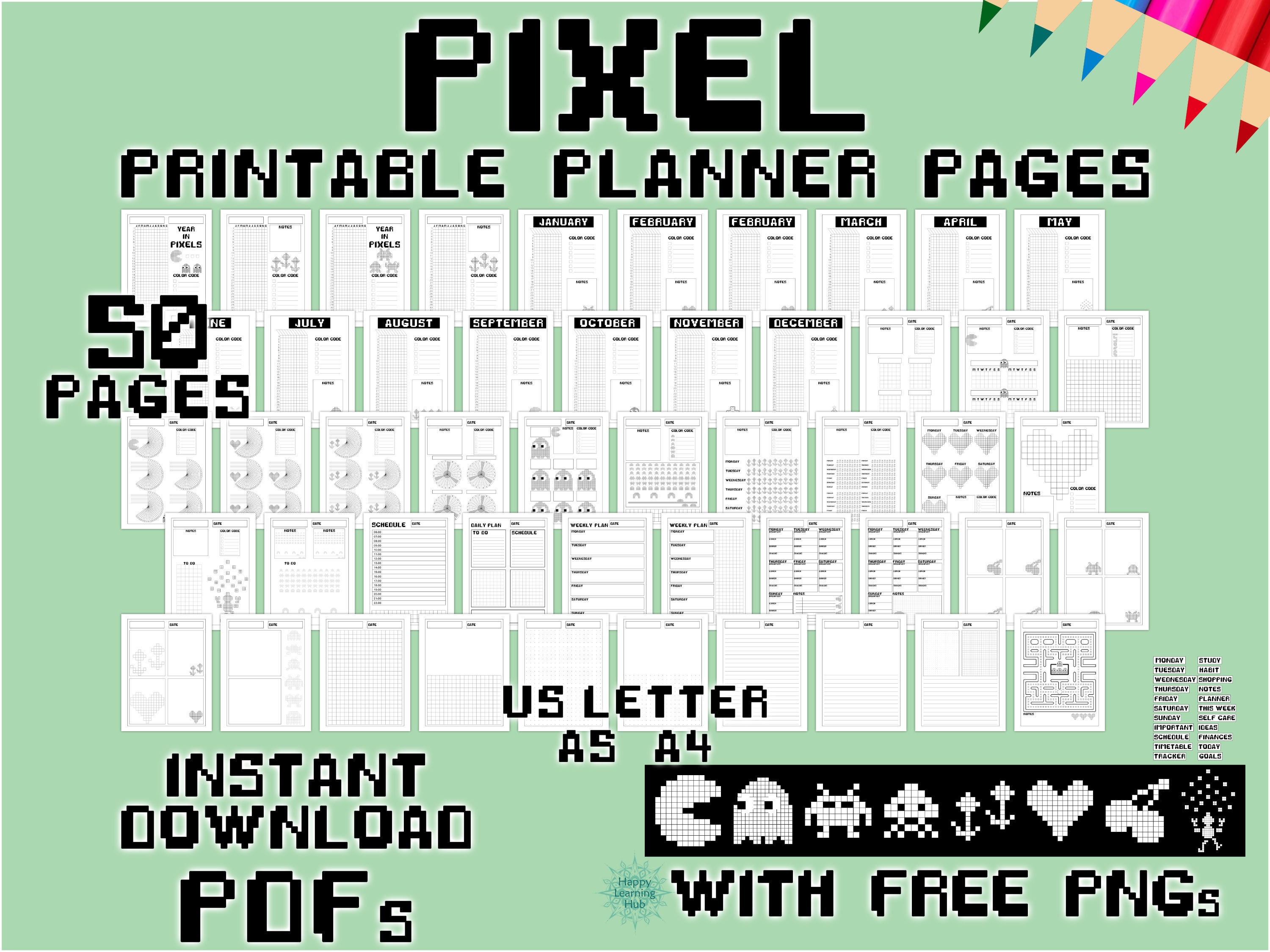 Pixel Planner, Printable Planner Pages, Year in Pixels, 2024 Calendar ...