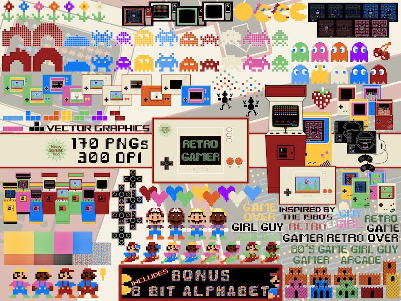 Retro Gamer Clipart, Gamer PNG Bundle, 80's Clipart, Gaming Consoles ...