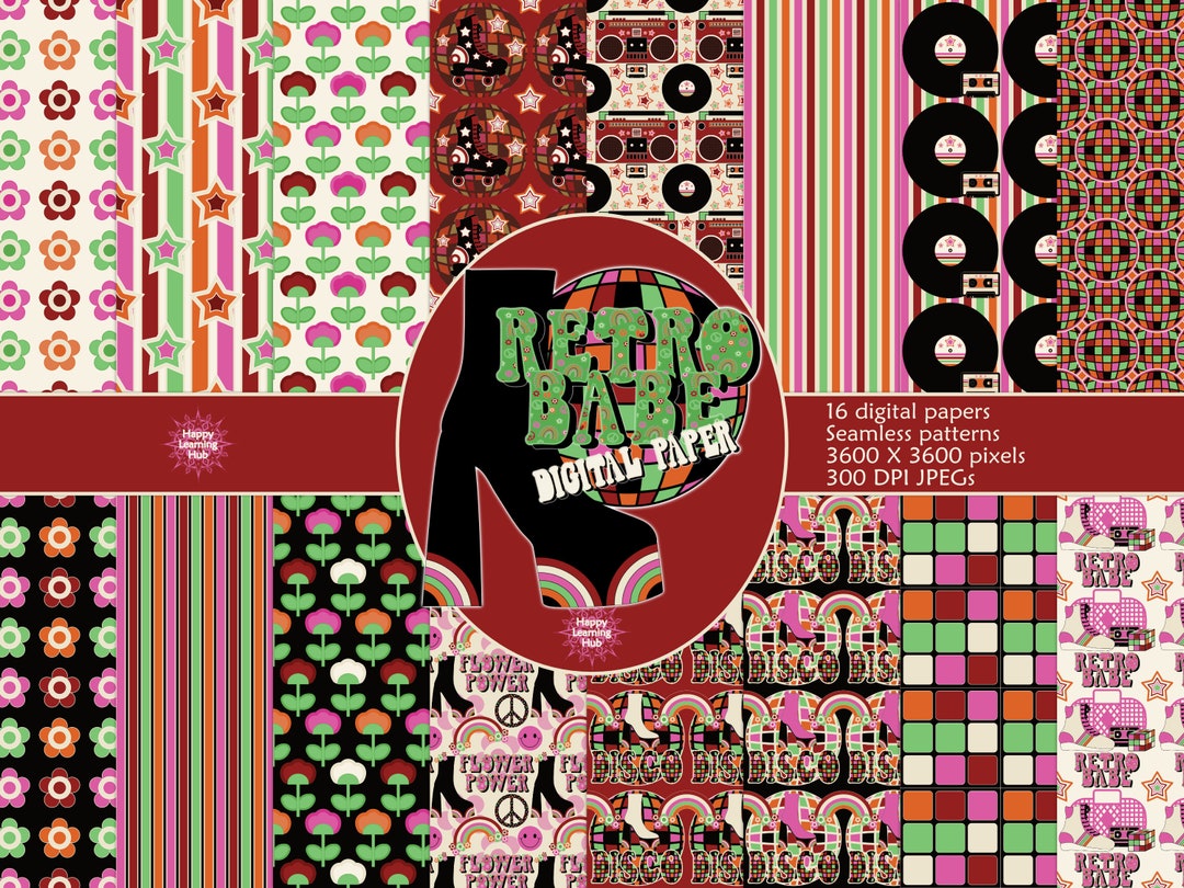 Retro Digital Paper, 80s Seamless Patterns, 70s Retro, Disco, Roller ...
