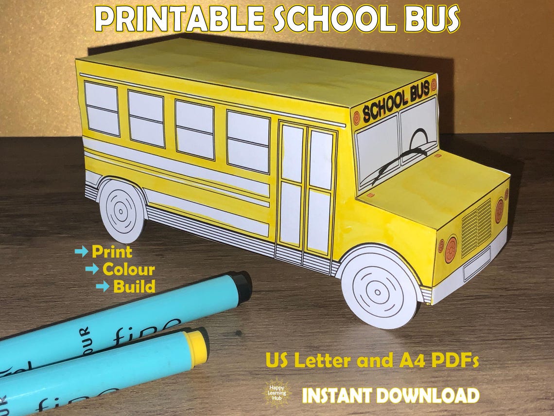Printable School Bus Craft: DIY Colouring 3D Model (digital Download ...