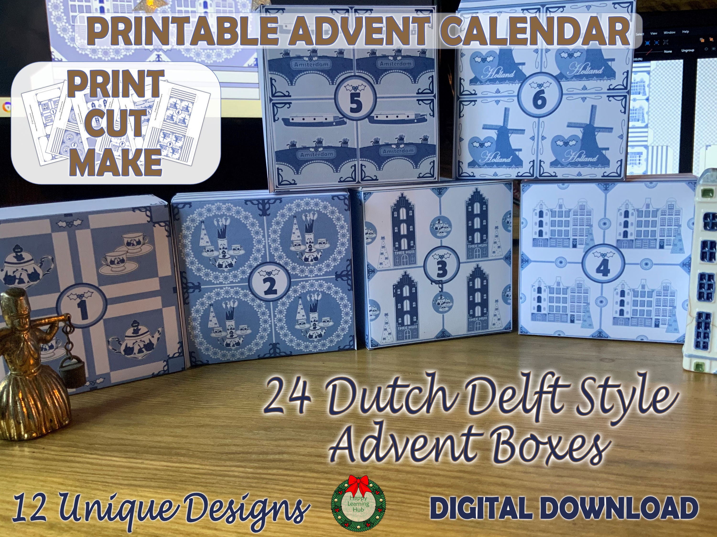Printable Advent Calendar Boxes, Dutch Delft Blue Inspired DIY Advent ...