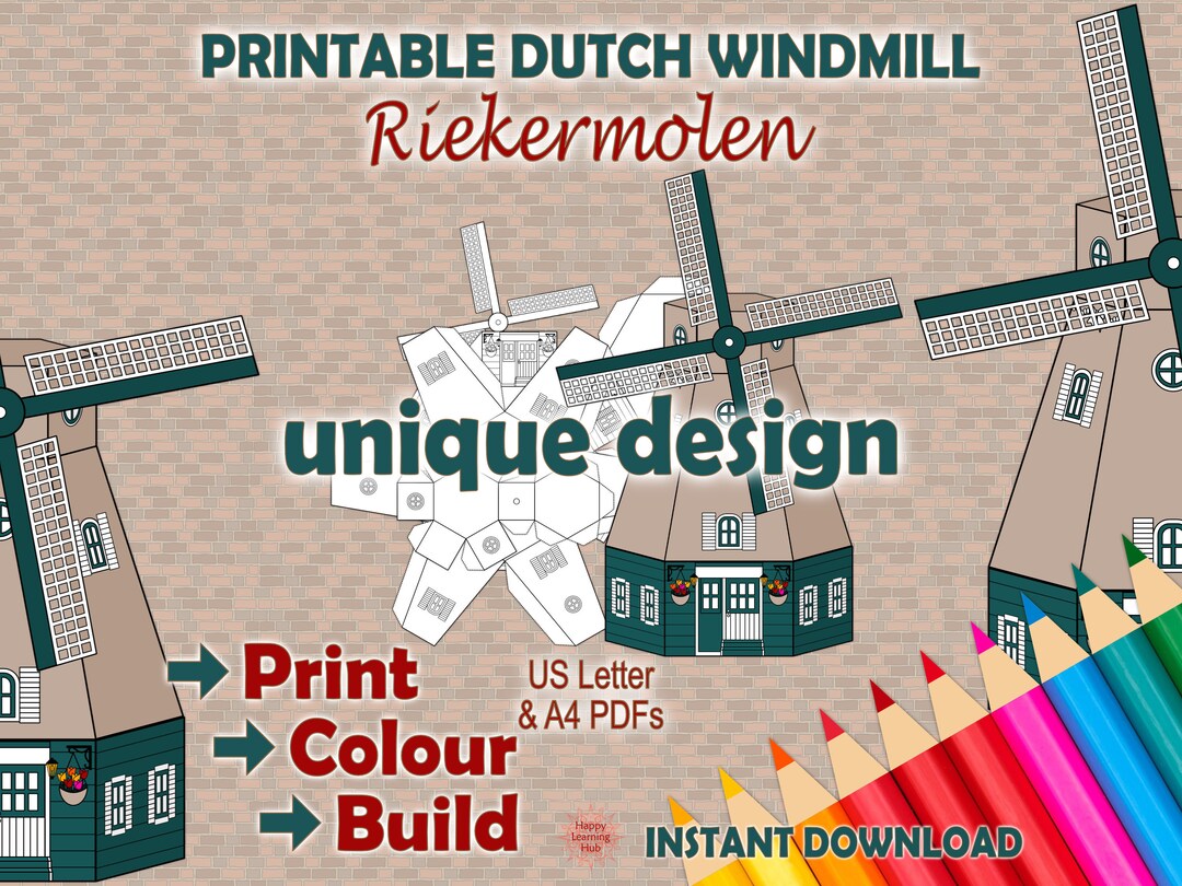 Amsterdam Windmill Printable, 3D Paper Model, Dutch Windmill, Colouring ...