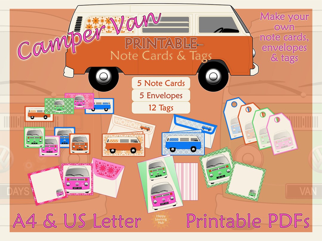 VW Campervan Note Cards, Retro Camper Van Notecards, Printable ...