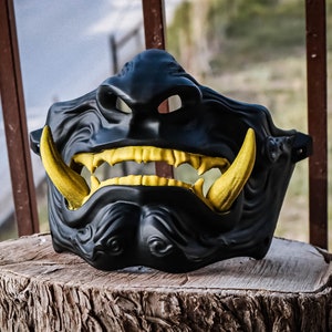 Oni Half Face Wearable Mempo Mask Japanese Samurai Demon Cosplay Black ...