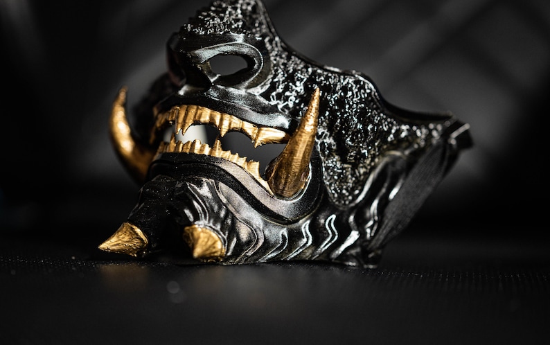 3D Printed Oni Mask: Black & Gold Samurai Mempo, Cosplay Hannya Mask - Etsy