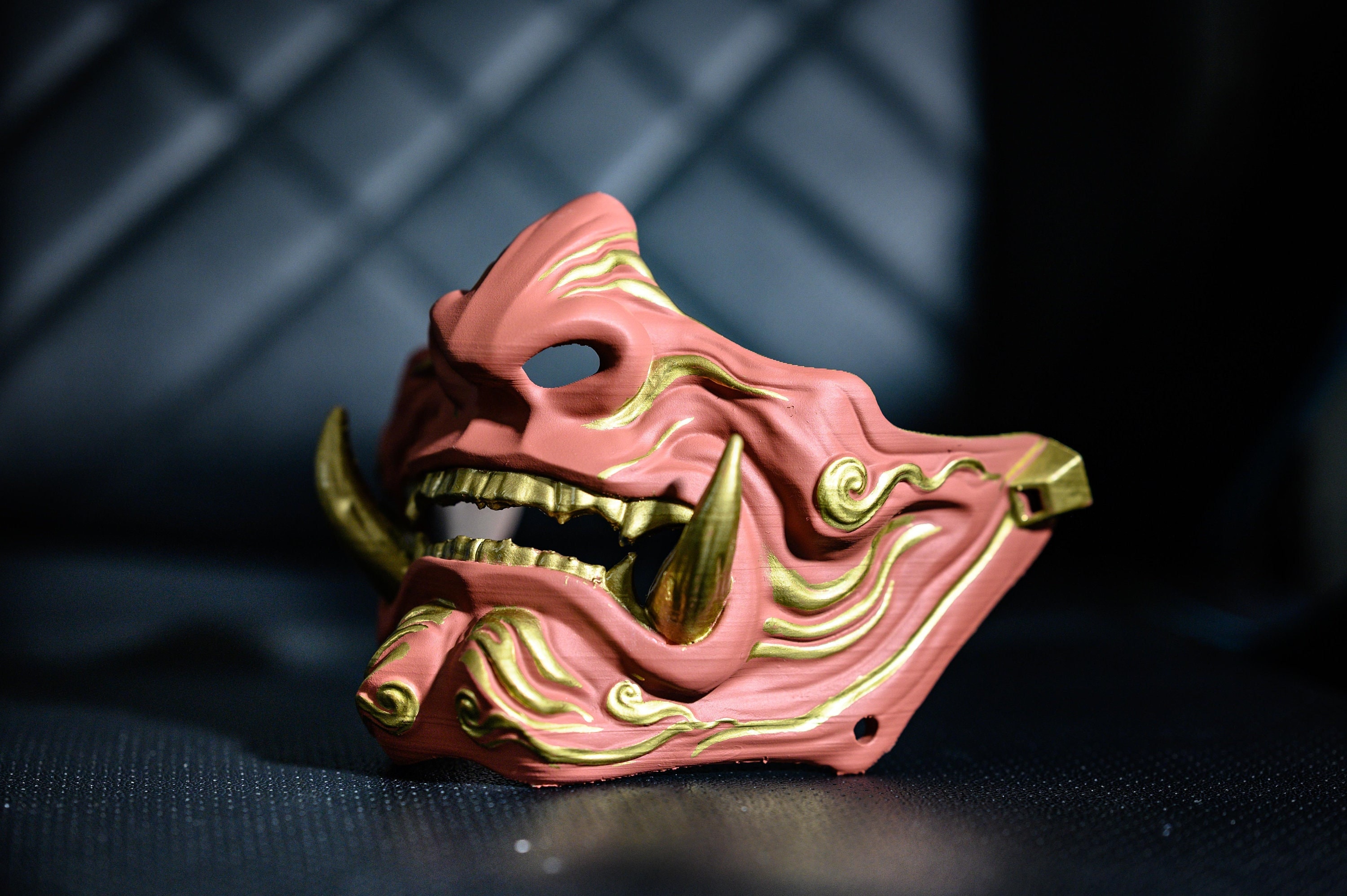 Oni Half Face Wearable Mempo Mask, Japanese Samurai Cosplay Coral Mask ...