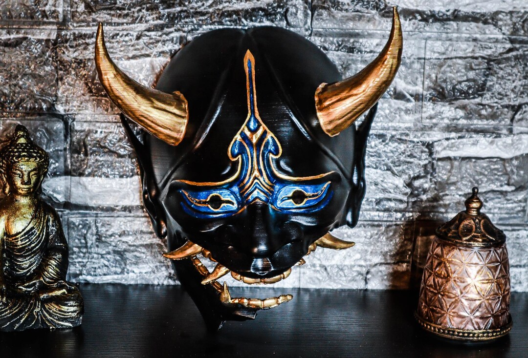 Oni Demon Hannya Mask Egypt Anubis Colors With Gold and Blue Details ...