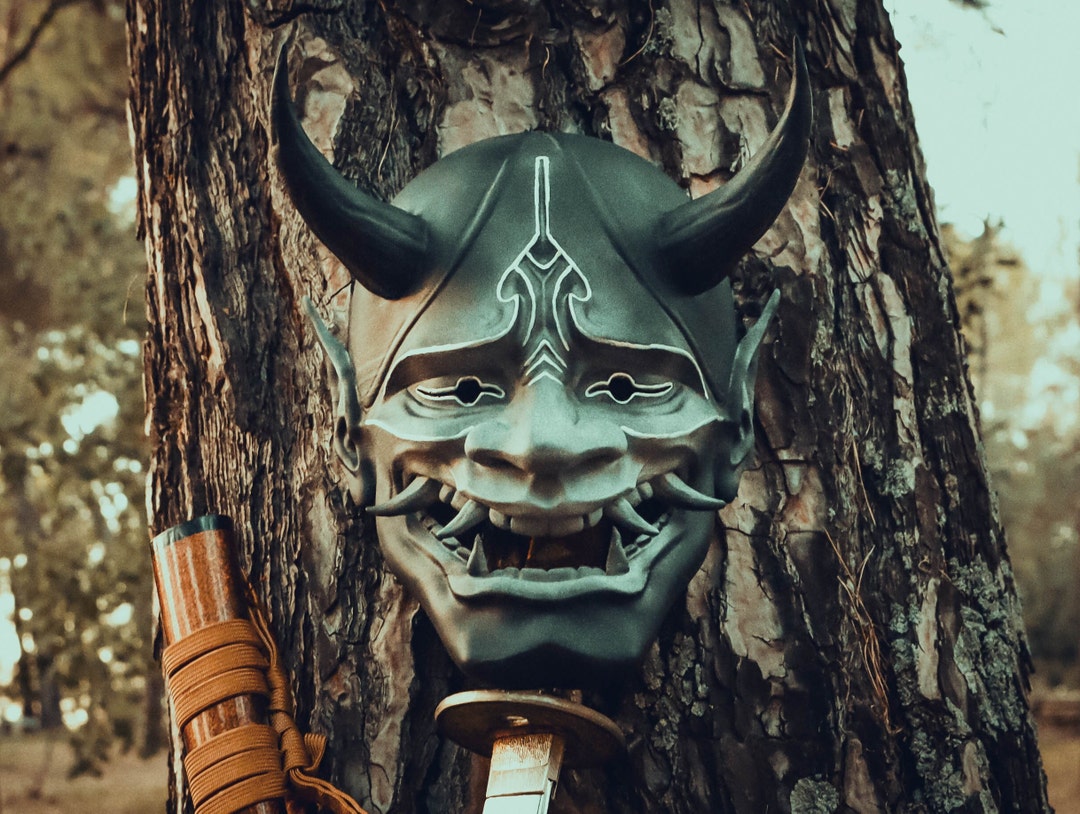 Oni Demon Hannya Mask Black & Grey With Silver Details Japanese Samurai ...