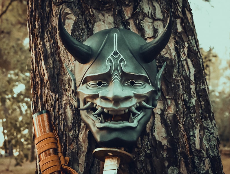 Oni Demon Hannya Mask Black & Grey With Silver Details Japanese Samurai ...
