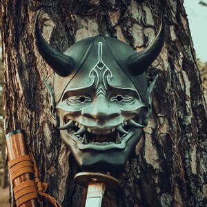 Oni Demon Hannya Mask Black & Grey With Silver Details - Etsy