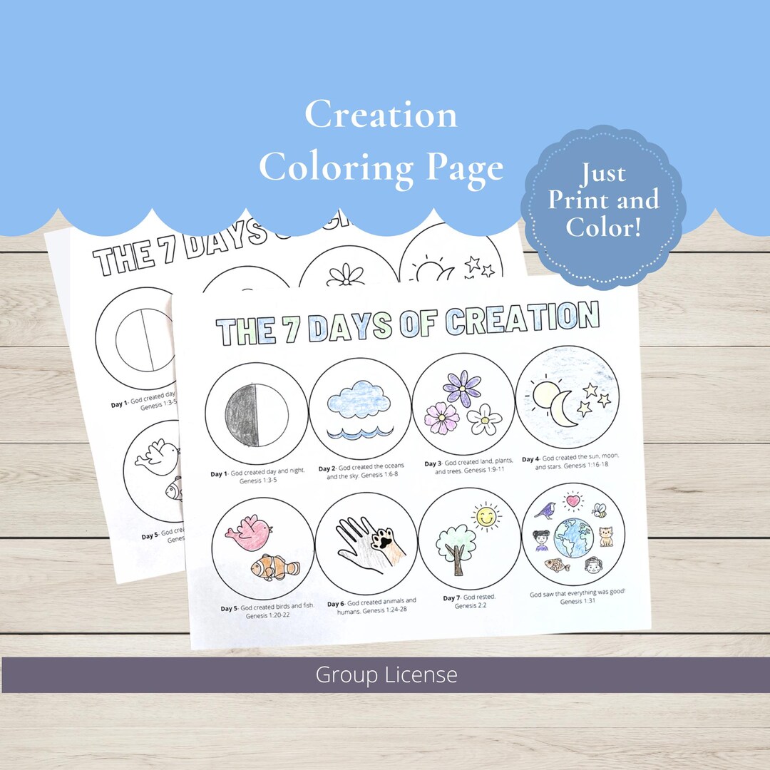 Bible Story Coloring Page, 7 Days of Creation, Bible Activity Page ...
