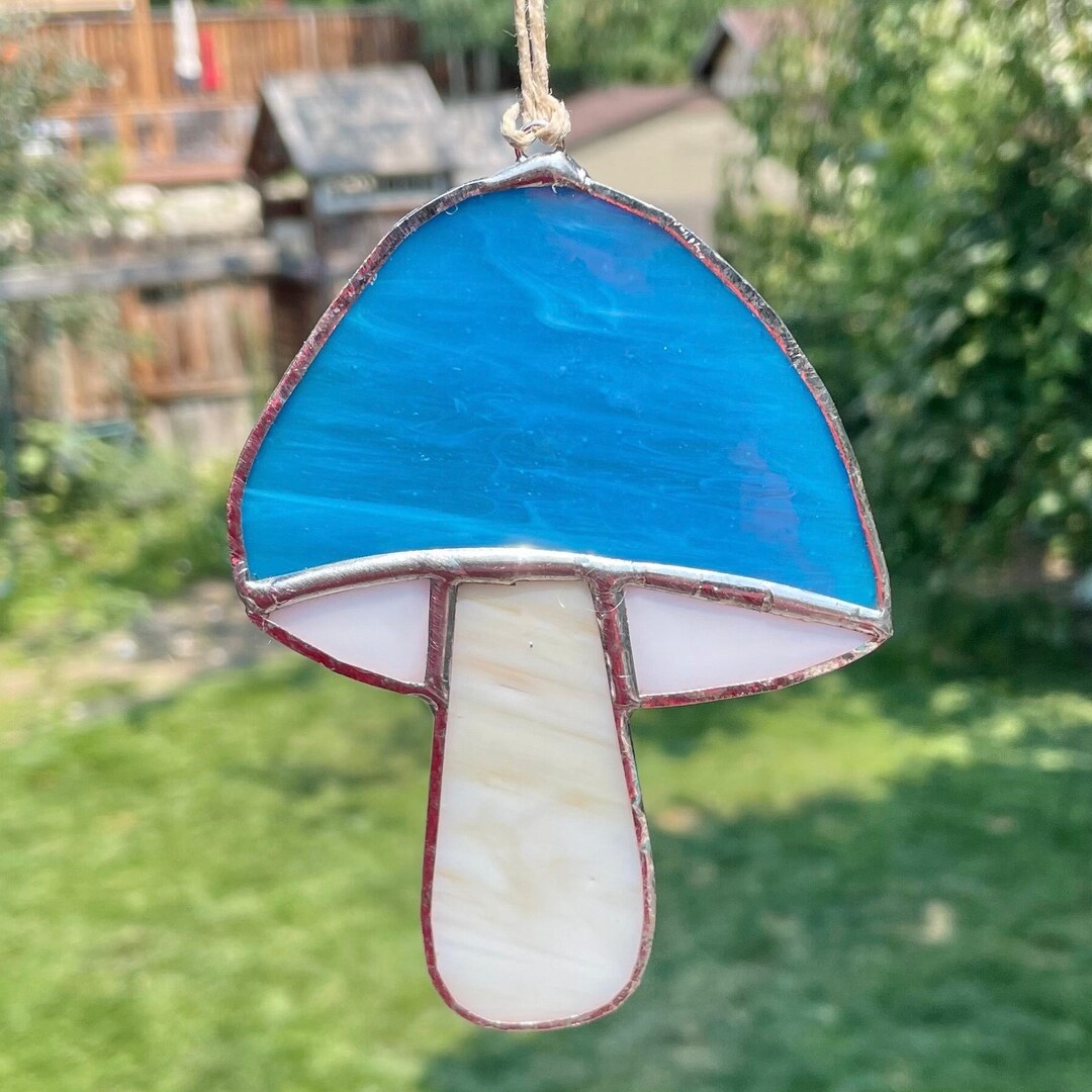 Blue Mushroom Stained Glass Window Hanging, Mushroom Suncatcher - Etsy