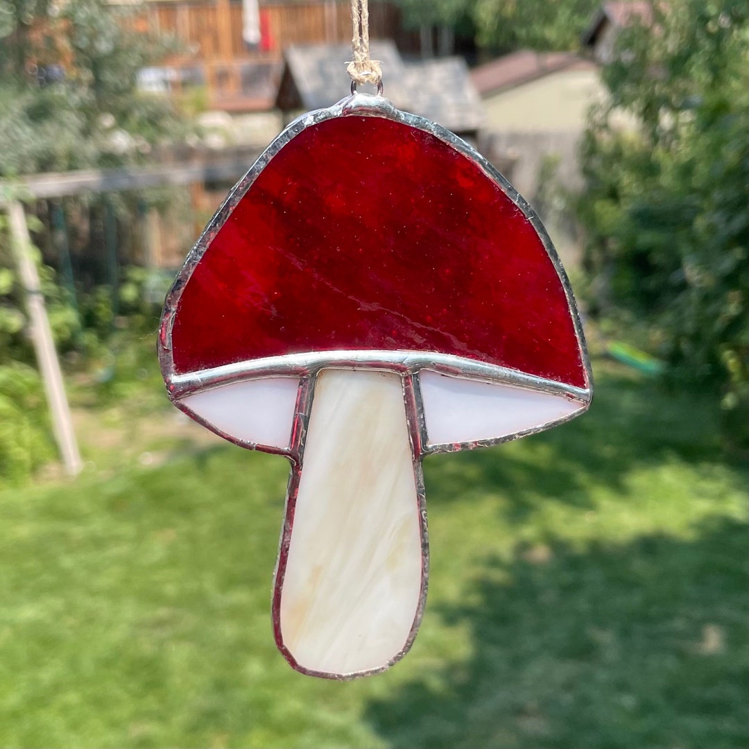 Red Mushroom Stained Glass Window Hanging, Mushroom Suncatcher - Etsy