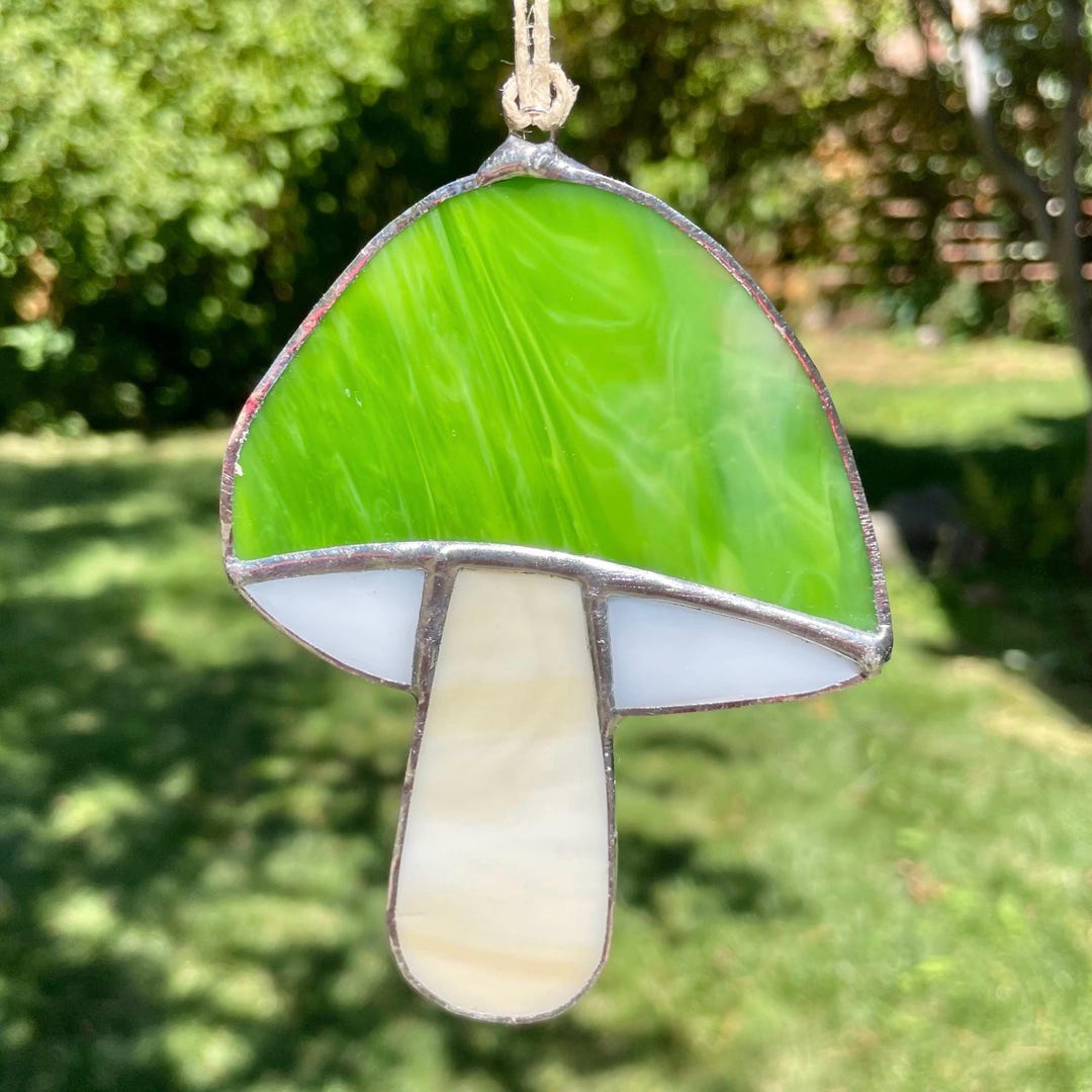 Green Mushroom Stained Glass Window Hanging, Mushroom Suncatcher - Etsy