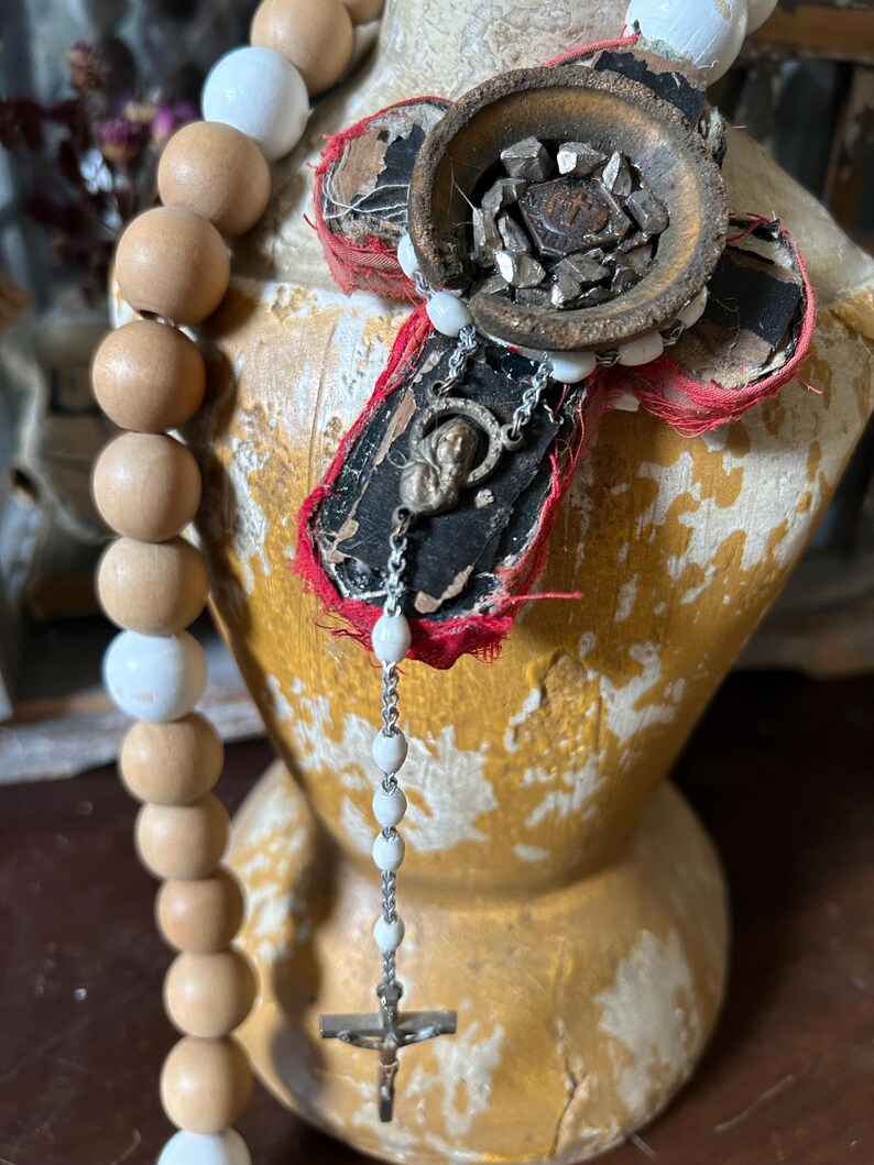 Handmade Wooden Cross Garland With Prayer Beads. Adored With Weathered ...