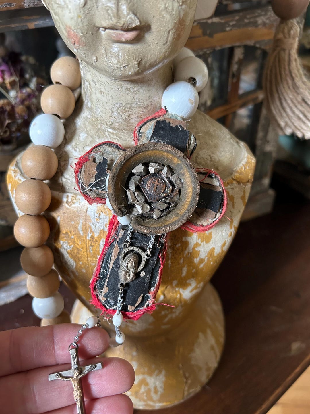 Handmade Wooden Cross Garland With Prayer Beads. Adored With Weathered ...