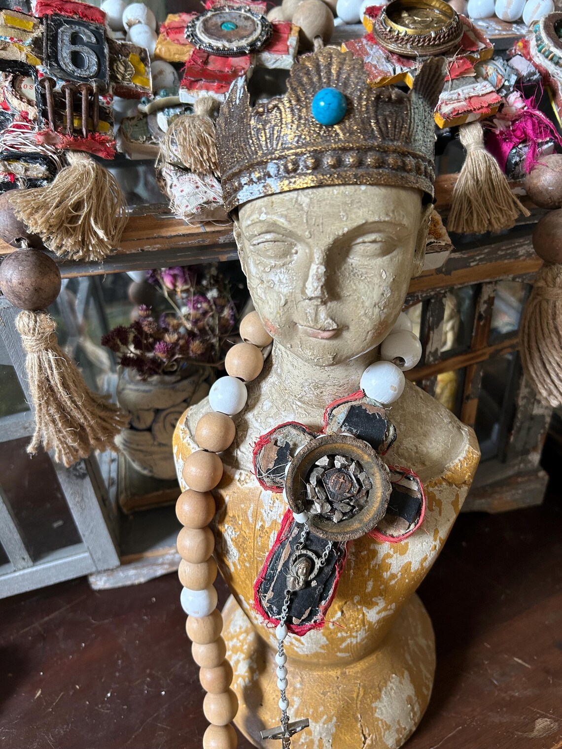 Handmade Wooden Cross Garland With Prayer Beads. Adored With Weathered ...