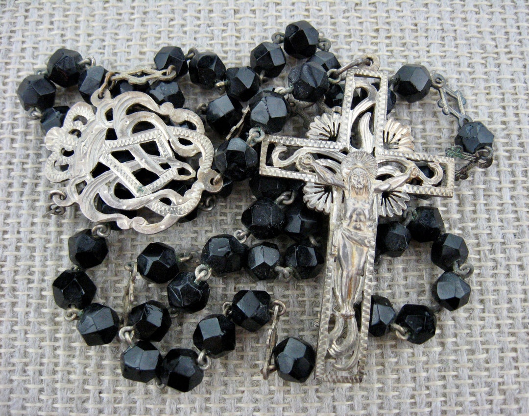 Antique Rosary With Azabache Beads and Cutwork Centerpiece and Crucifix ...