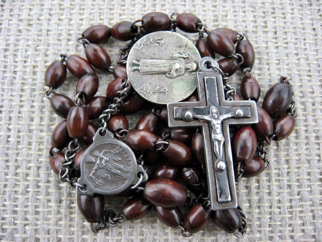 Wood Bead Rosary With Scapular Medal Centerpiece and Guardian Angel ...