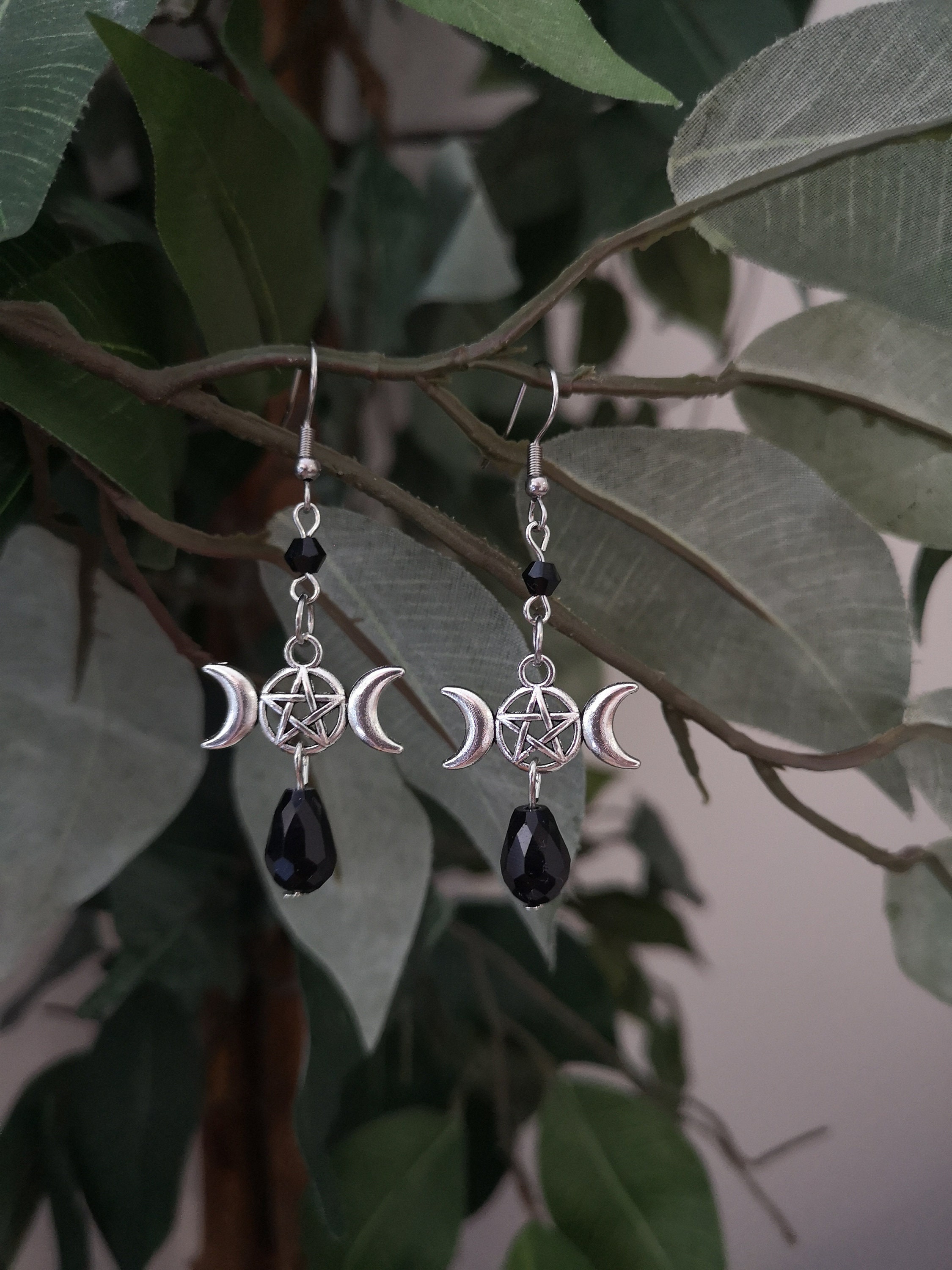 Hecate Earrings / Triple Moon Earrings With Black Crystal Drops / Pagan Witchcraft Earrings ...