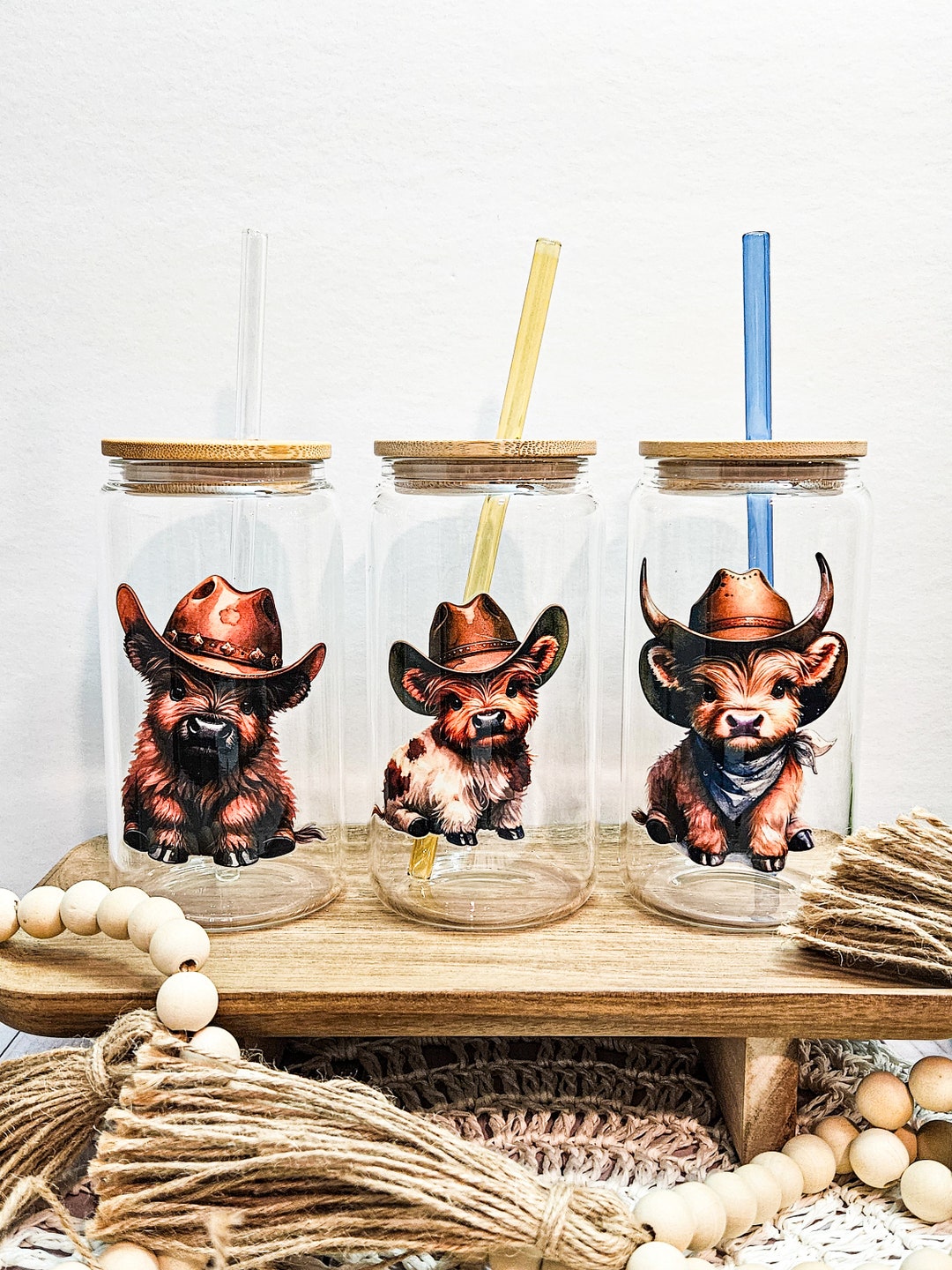 Western Highland Cow Glass Cup, Cow With Cowboy Hat, 16 Oz Beer Can ...