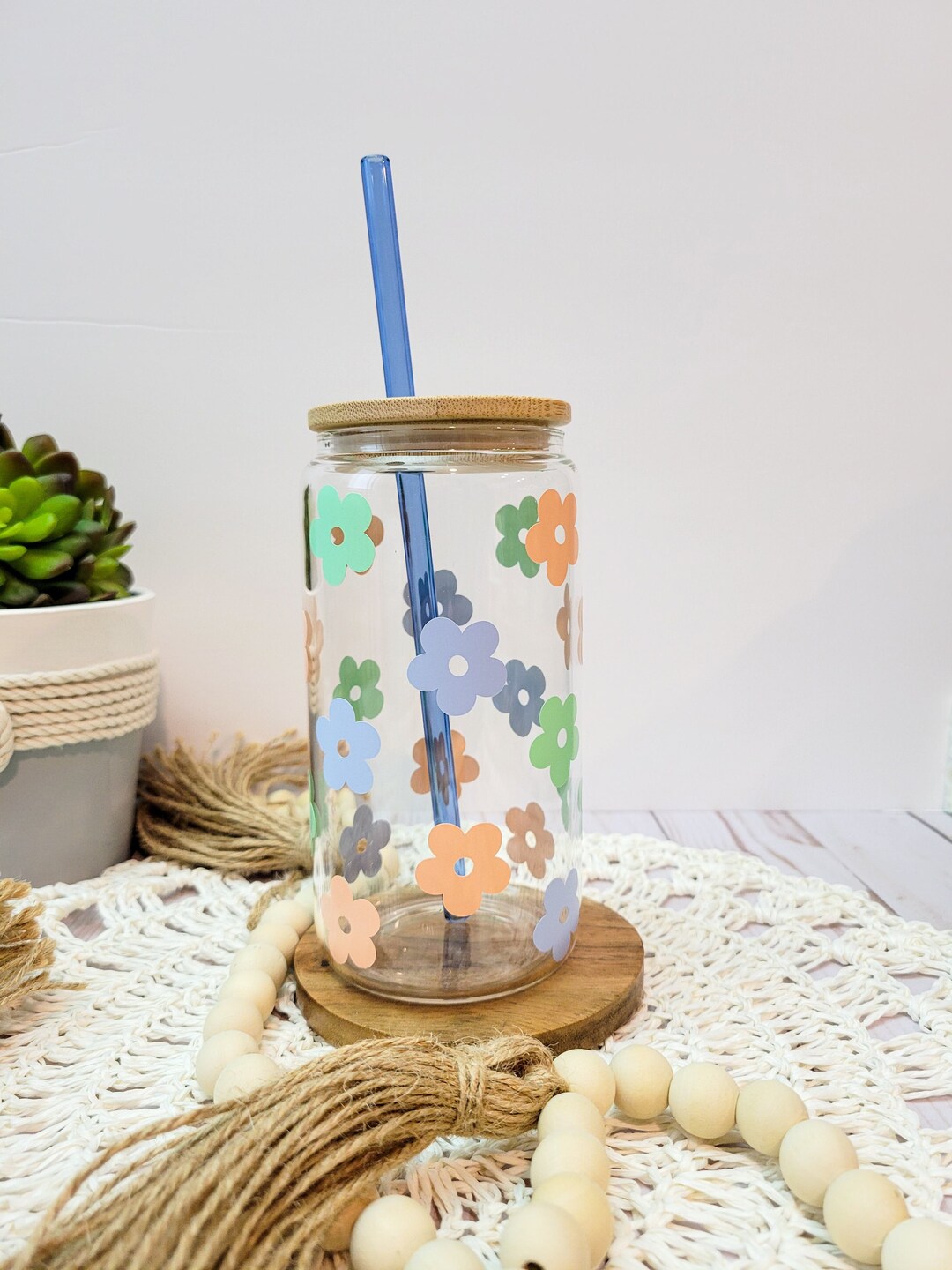 Retro Daisy Beer Can Glass With Lid & Straw, Iced Coffee Cup - Etsy