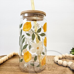 Floral Lemon Iced Coffee Glass, Fruit Design Cups, Lemonade Glass, 16 ...