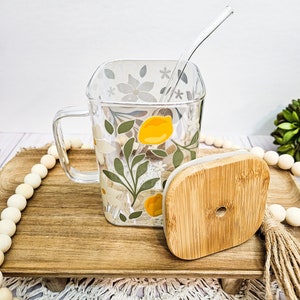 Floral Lemon Glass Cup, 20 Oz Glass Cup, 20oz Square Mug, Lemon Tumbler ...