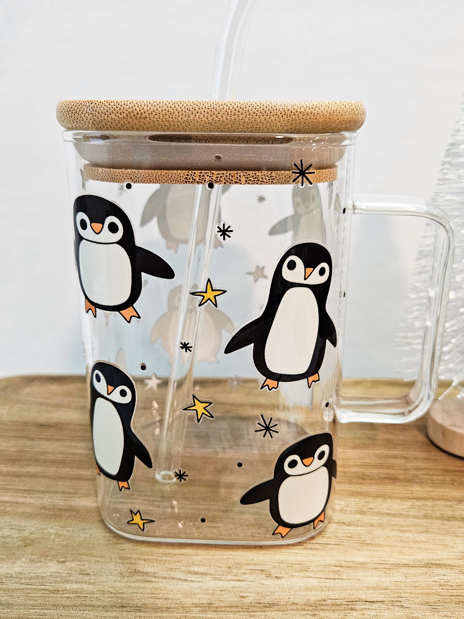 Penguin Glass Cup: 20 Oz Square Mug With Lid & Straw - Etsy