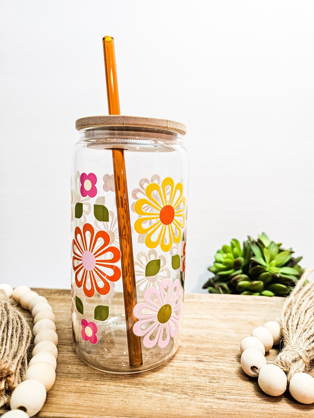Retro Daisy Glass Cup, Beer Can Glass With Lid and Straw, Groovy Glass ...