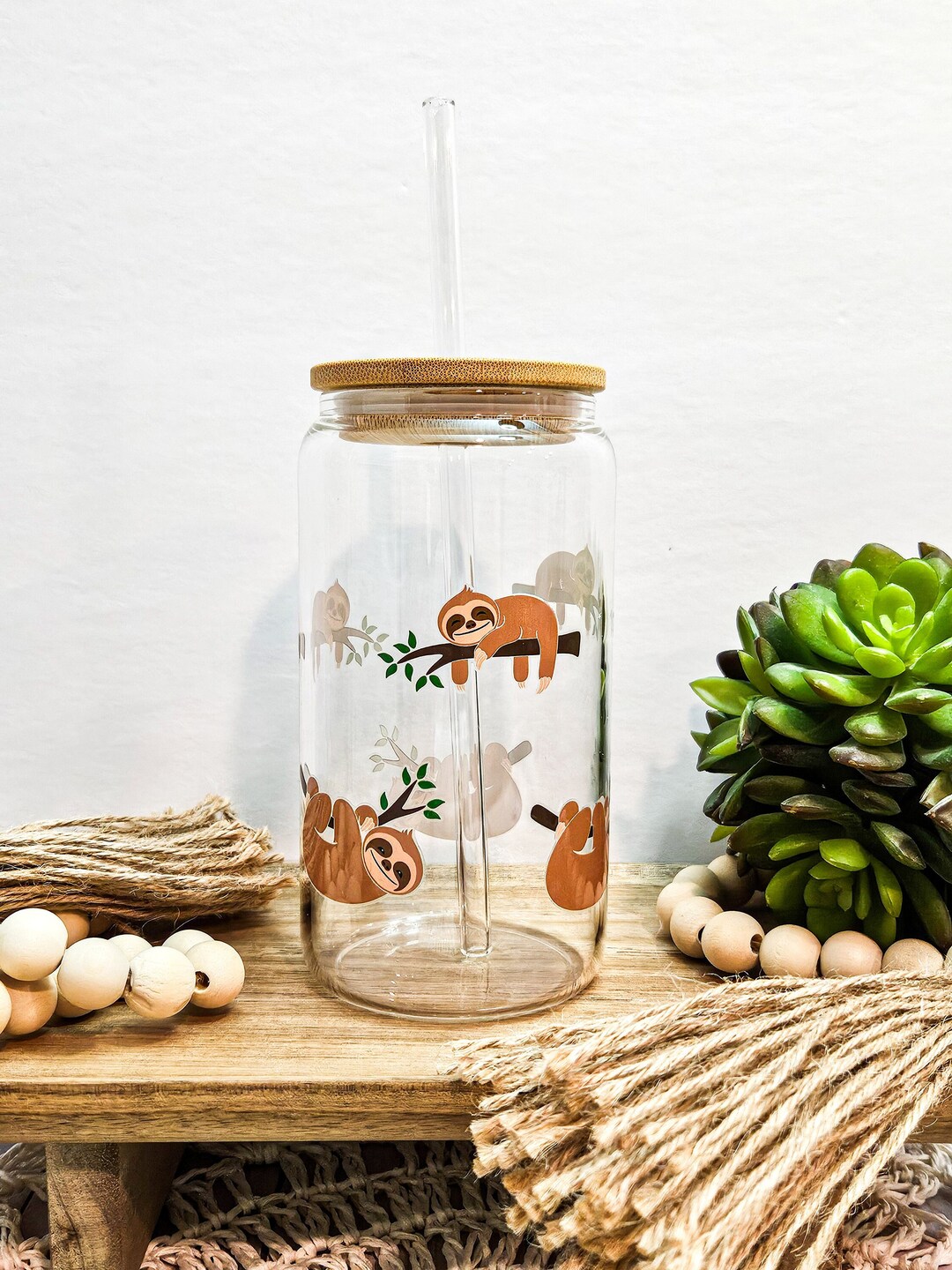 Cute Sloth Glass Cup, Hanging Sloth, 16 Oz Glass Can, Trendy Iced ...