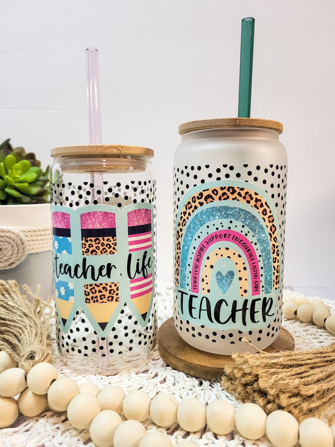 Teacher Glass Cup, Teacher Life Tumbler, Glass Cup Bamboo Lid, Boho ...