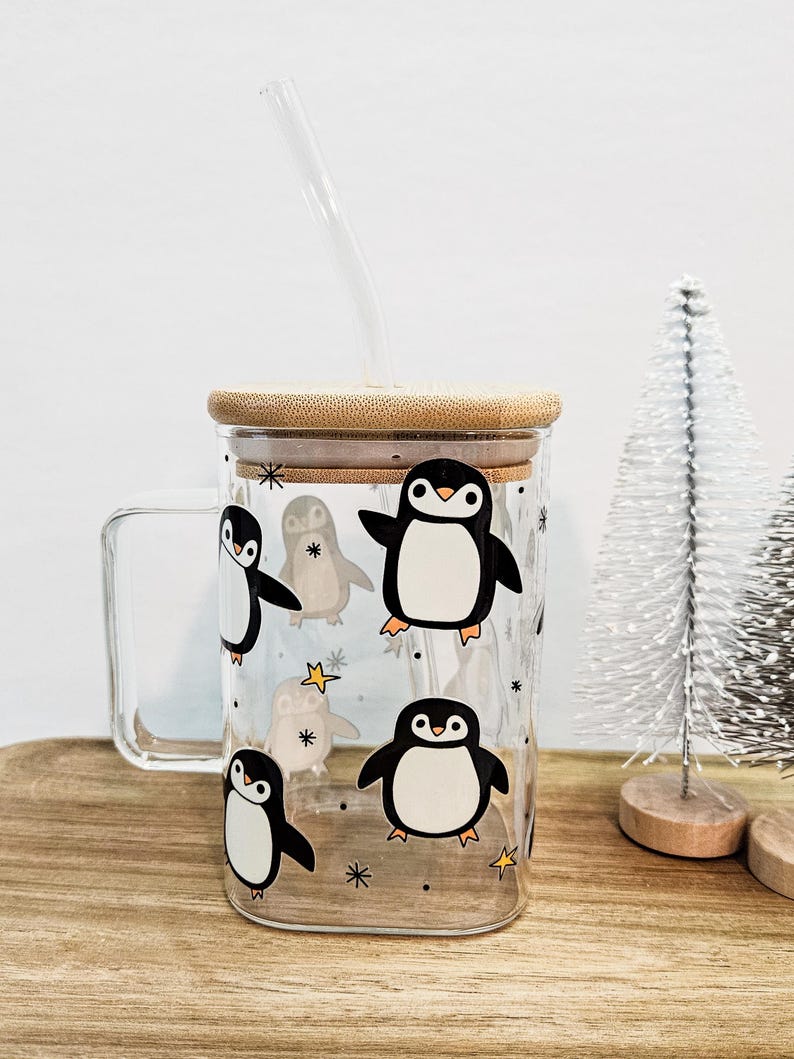 Penguin Glass Cup: 20 Oz Square Mug With Lid & Straw - Etsy