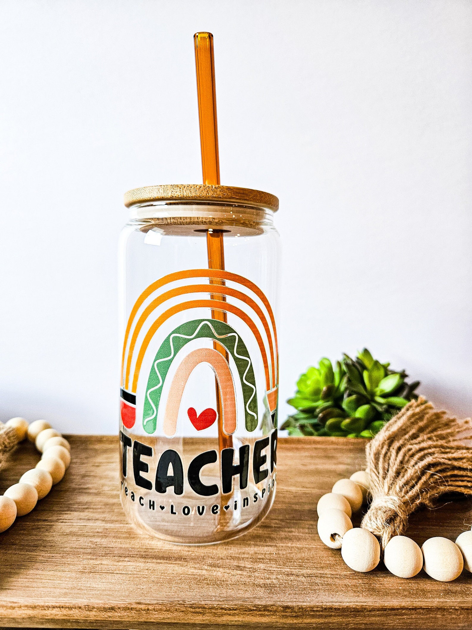 Teacher Appreciation Glass Cup, Boho Rainbow, 16 Oz - Etsy
