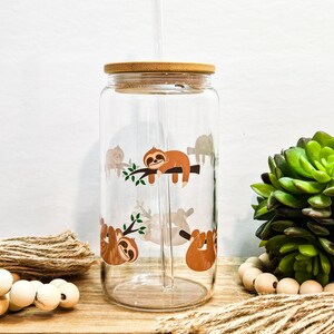 Cute Sloth Glass Cup, Hanging Sloth, 16 Oz Glass Can, Trendy Iced ...