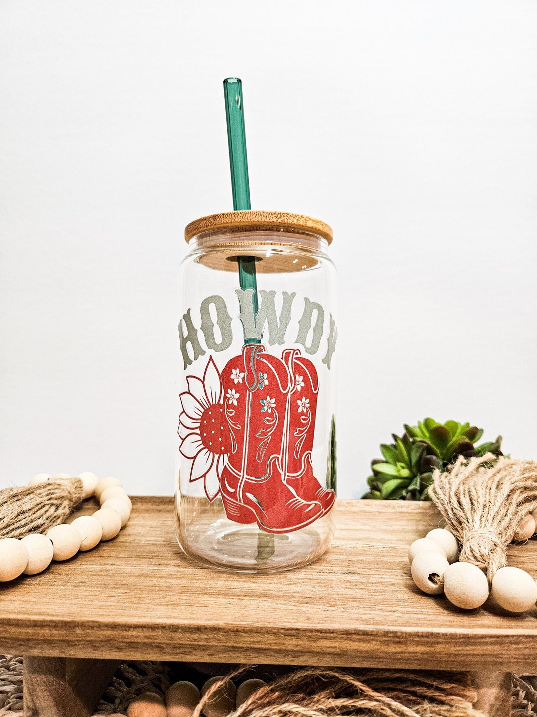 Howdy Glass Cup, Cowboy Boots & Sunflower, Country Western Iced Coffee ...