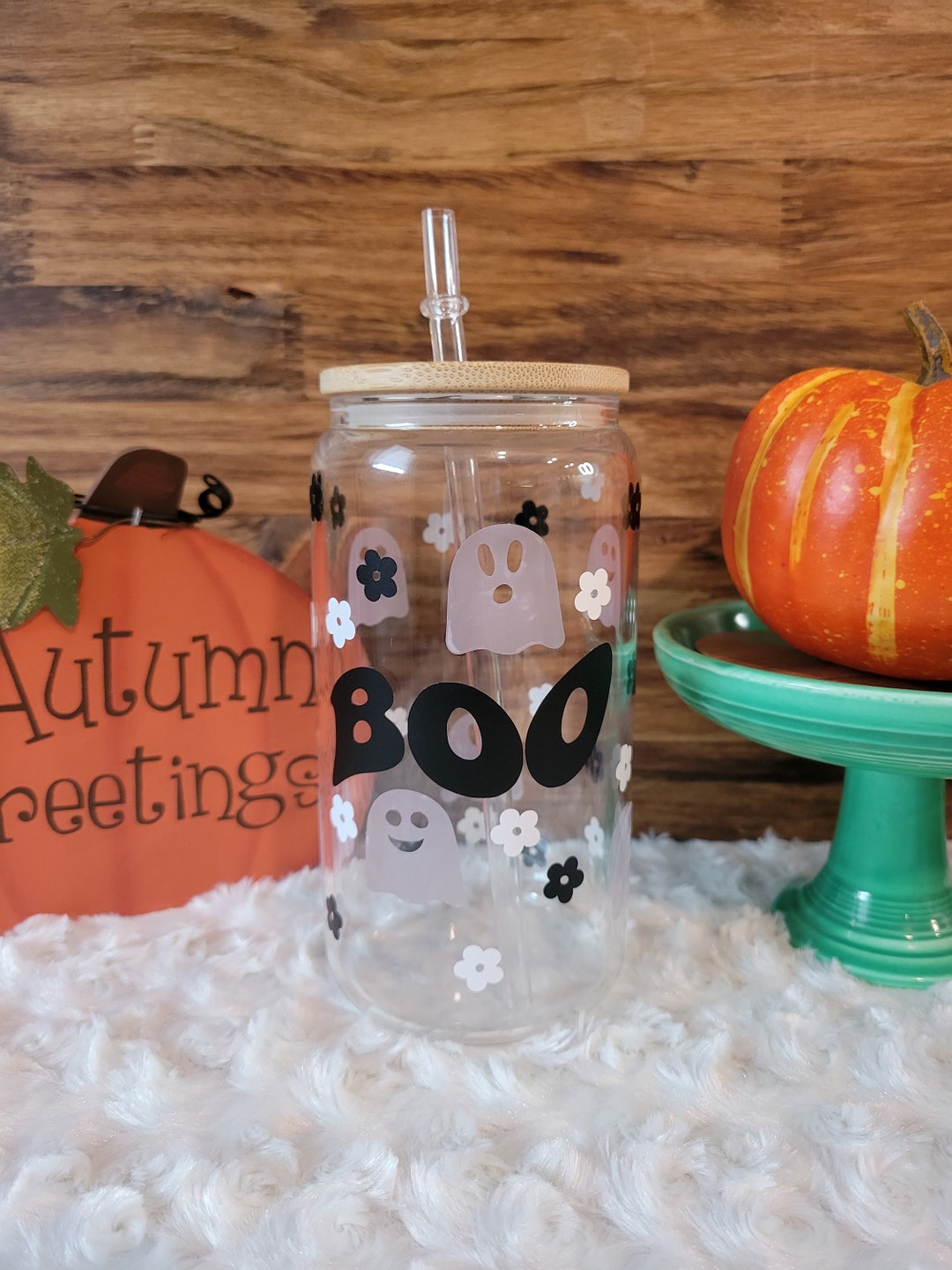 Color Changing Ghost Glass Can, Retro Halloween Iced Coffee Cup, Bamboo ...