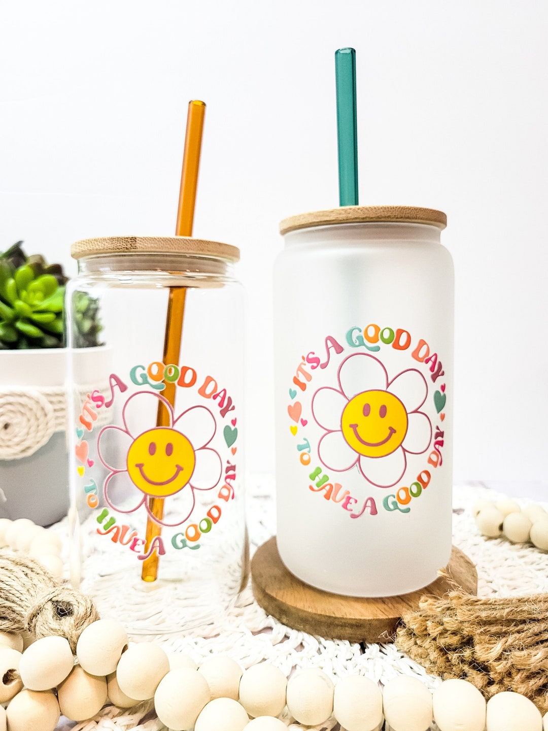 Retro Daisy Glass Cup, Good Day Aesthetic, Can Shaped With Lid & Straw ...