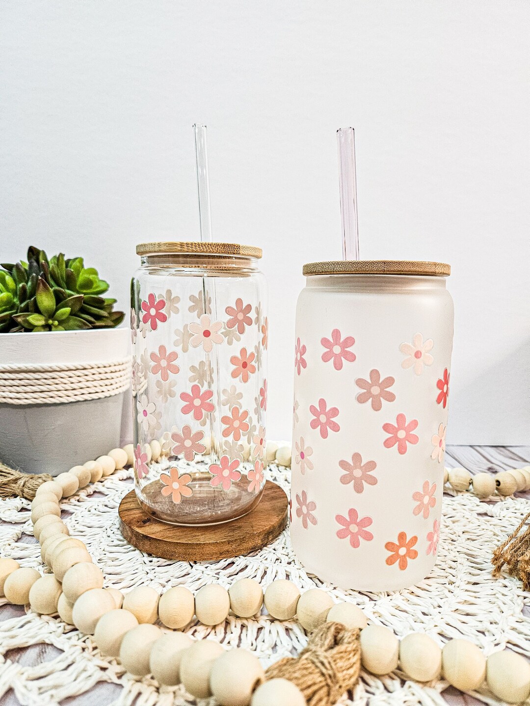 Retro Daisy Glass Cup, Beer Can Glass With Lid & Straw, Iced Coffee - Etsy