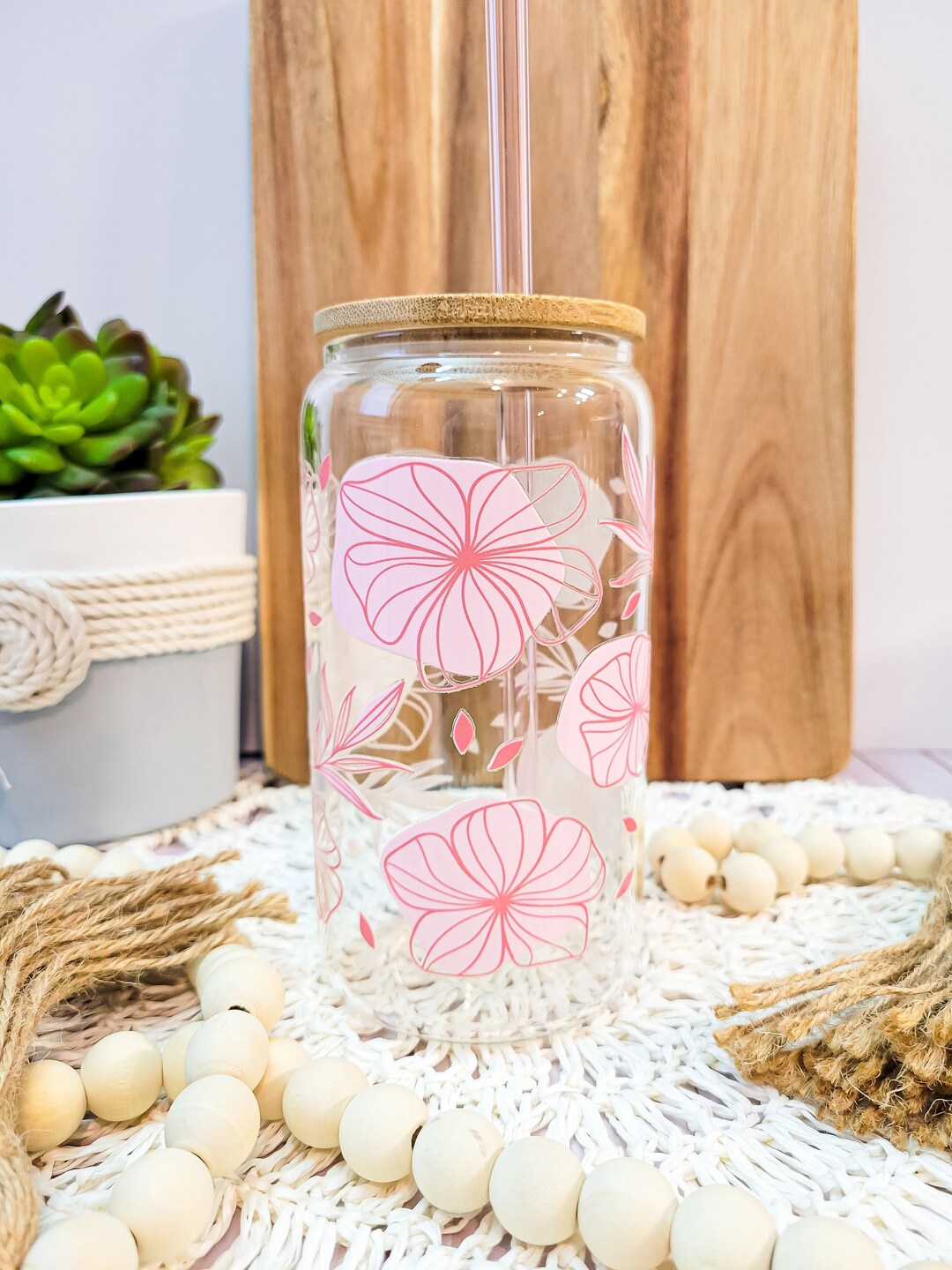 Glass Cup Bamboo Lid, Boho Flowers Tumbler, Floral Abstract Art Cup ...