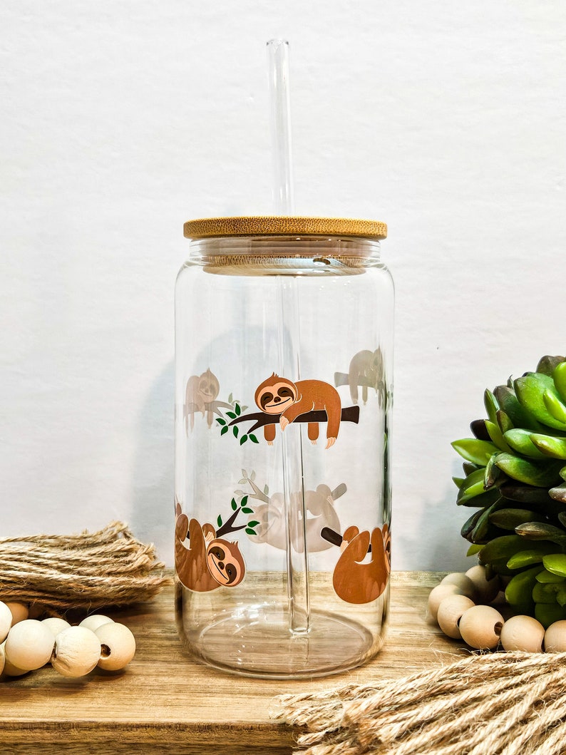 Sloth Iced Coffee Glass Cup, 16 Oz Tumbler With Lid and Straw - Etsy