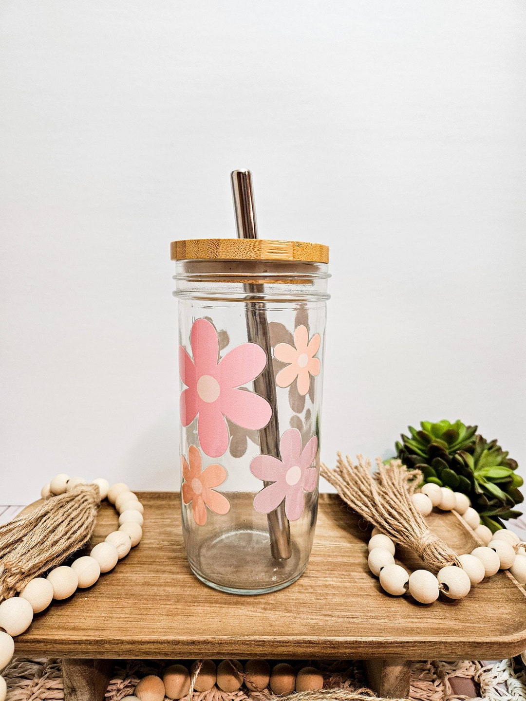 Pink Daisy Cup, 24 Oz Iced Coffeetumbler, Mason Glass Jar, Boba Cup and ...