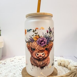 Highland Cow Glass Cup, Boho Cow Glass Can With Lid and Straw, Scottish ...