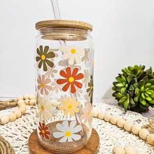 Retro Daisy Glass Cup With Lid and Straw, Boho Floral Tumbler - Etsy