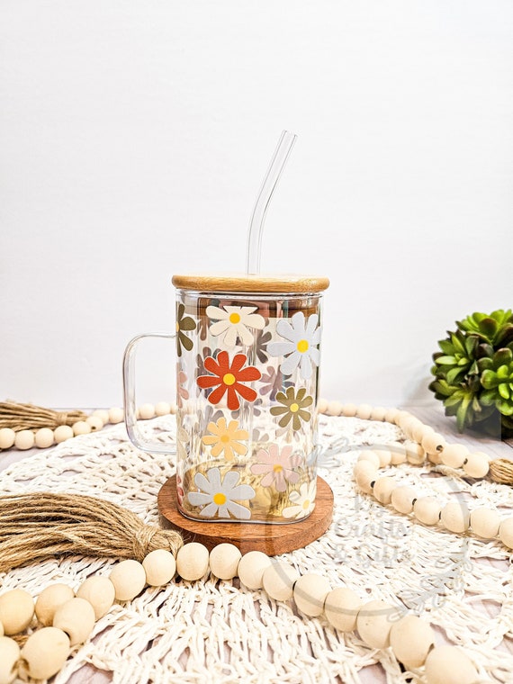 Retro Daisy Glass Cup 20 Oz Glass Cup Square Glass Mug Colorful Boho Floral Tumbler Iced Coffee Cup Bridesmaid Gift Trendy Glassware Etsy UK