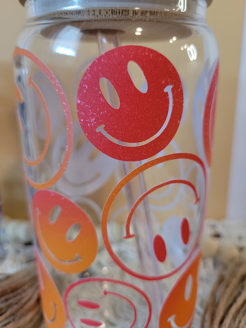 Smiley Face Glass Can, Emoji Tumbler With Bamboo Lid and Straw - Etsy