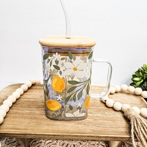 Floral Lemon Glass Cup, 20 Oz Glass Cup, 20oz Square Mug, Lemon Tumbler ...