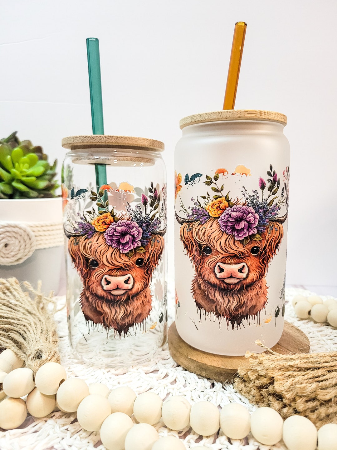 Highland Cow Glass Cup, Boho Cow Glass Can With Lid and Straw, Scottish ...