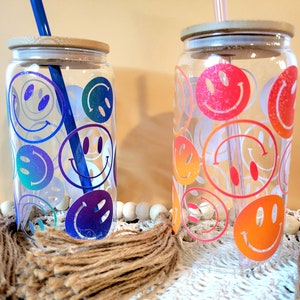 Happy Face Glass, SMILEY FACE GLASS Can, Be Happy Coffee Cup, Emoji ...