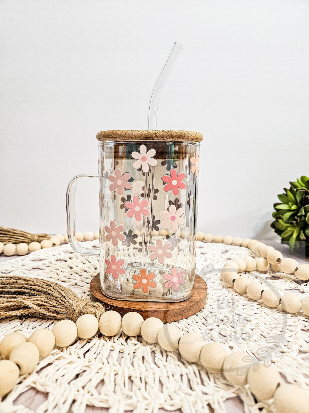 Retro Daisy Glass Cup, Pink Floral Iced Coffee Tumbler, Bamboo Lid - Etsy